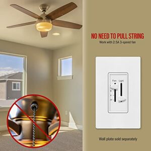 ENERLITES 3 Speed Ceiling Fan Control and LED Dimmer Light Switch, 2.5A Single Pole Light Fan Switch, 300W Incandescent Load, No Neutral Wire Required, 17001-F3-W, White