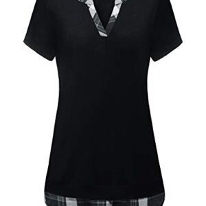 Tunic Shirts for Women Short Sleeve,Flattering Contrast Check V Neck Blouse Modest Youth Henley Tops Hi-Low Hem Casual Business Work Flowy Shirts Wear with Leggings Pullover Tunic Black Large