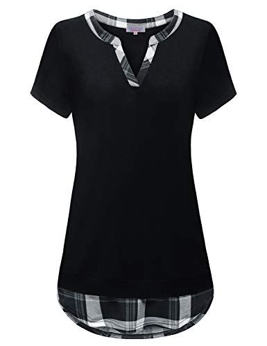 Tunic Shirts for Women Short Sleeve,Flattering Contrast Check V Neck Blouse Modest Youth Henley Tops Hi-Low Hem Casual Business Work Flowy Shirts Wear with Leggings Pullover Tunic Black Large