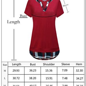 Tunic Shirts for Women Short Sleeve,Flattering Contrast Check V Neck Blouse Modest Youth Henley Tops Hi-Low Hem Casual Business Work Flowy Shirts Wear with Leggings Pullover Tunic Black Large