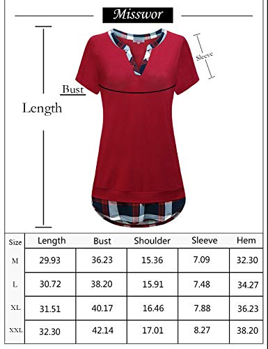 Tunic Shirts for Women Short Sleeve,Flattering Contrast Check V Neck Blouse Modest Youth Henley Tops Hi-Low Hem Casual Business Work Flowy Shirts Wear with Leggings Pullover Tunic Black Large