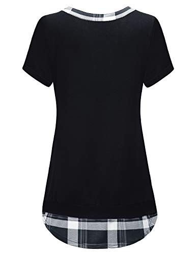 Tunic Shirts for Women Short Sleeve,Flattering Contrast Check V Neck Blouse Modest Youth Henley Tops Hi-Low Hem Casual Business Work Flowy Shirts Wear with Leggings Pullover Tunic Black Large