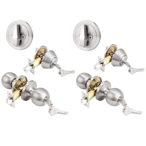 Probrico Satin Nickel Entry Door Knob and Single Cylinder Deadbolt Combo Pack, Keyed Alike Lock Set Handleset Exterior Hardware(for Entry and Front Door),2 Set