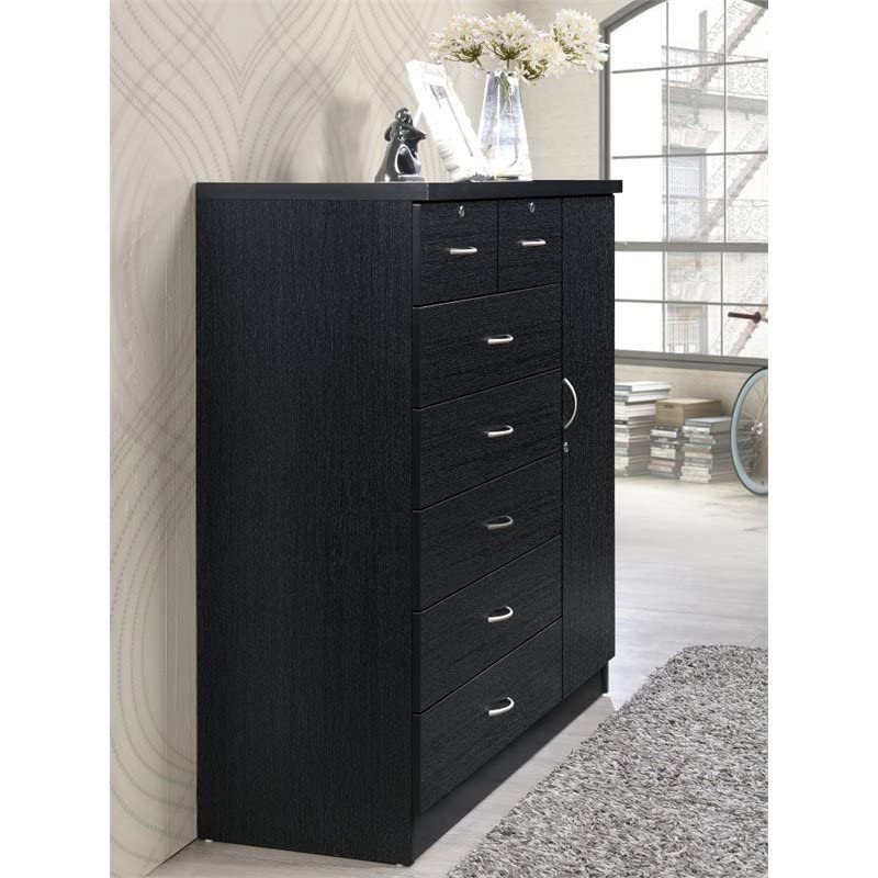 Pemberly Row Tall 7 Drawer Chest with 2 Locking Drawers and Garment Rod or Extra Storage in Black