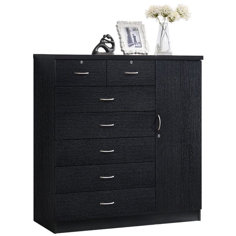 Pemberly Row Tall 7 Drawer Chest with 2 Locking Drawers and Garment Rod or Extra Storage in Black