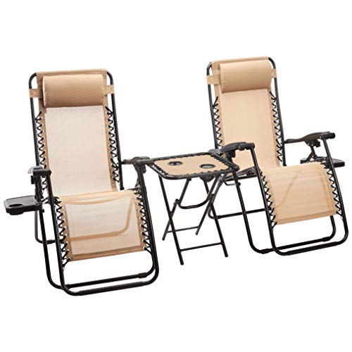 Amazon Basics Zero Gravity Chair with Side Table, Set of 2, Relaxing, Cup Holders,Arm Rest,Foldable, Alloy Steel, Beige