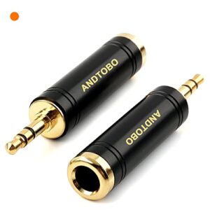 ANDTOBO 1/4'' to 3.5mm Stereo Pure Copper Headphone Adapter,3.5mm(1/8'') Plug Male to 6.35mm (1/4'') Jack Female Stereo Adapter, Black 2-Pack