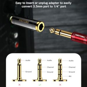 ANDTOBO 1/4'' to 3.5mm Stereo Pure Copper Headphone Adapter,3.5mm(1/8'') Plug Male to 6.35mm (1/4'') Jack Female Stereo Adapter, Black 2-Pack