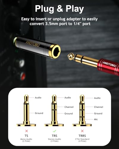 ANDTOBO 1/4'' to 3.5mm Stereo Pure Copper Headphone Adapter,3.5mm(1/8'') Plug Male to 6.35mm (1/4'') Jack Female Stereo Adapter, Black 2-Pack