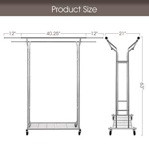 Simple Trending Double Rail Clothing Garment Rack, Heavy Duty Commercial Grade Rolling Clothes Organizer with Wheels and Bottom Shelves, Holds up to 250 lbs, Chrome