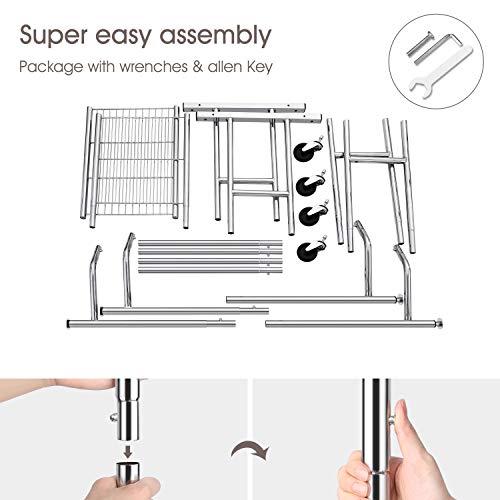 Simple Trending Double Rail Clothing Garment Rack, Heavy Duty Commercial Grade Rolling Clothes Organizer with Wheels and Bottom Shelves, Holds up to 250 lbs, Chrome