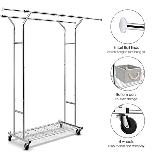 Simple Trending Double Rail Clothing Garment Rack, Heavy Duty Commercial Grade Rolling Clothes Organizer with Wheels and Bottom Shelves, Holds up to 250 lbs, Chrome