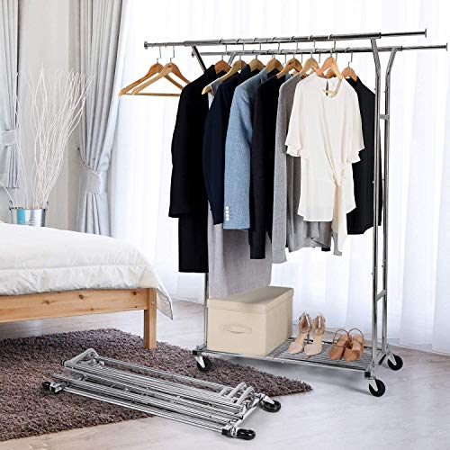 Simple Trending Double Rail Clothing Garment Rack, Heavy Duty Commercial Grade Rolling Clothes Organizer with Wheels and Bottom Shelves, Holds up to 250 lbs, Chrome