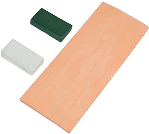 Double side 8" x 3" Leather Strop with Dual-sidedt Tape, Green & White Polishing Compound Kit for Honing & Sharpening Knives, Kitchen & Chef Knives, Straight razor, Wood Carving Chisels Brown