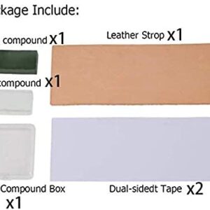 Double side 8" x 3" Leather Strop with Dual-sidedt Tape, Green & White Polishing Compound Kit for Honing & Sharpening Knives, Kitchen & Chef Knives, Straight razor, Wood Carving Chisels Brown