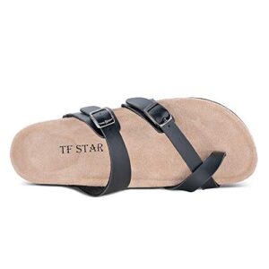 TF STAR Adjustable Sandals, Flat Leather Casual Slippers for Women & Ladies, Flip-Flops Ring Open-Toe Slide Cork Footbed for Teenagers/Girls