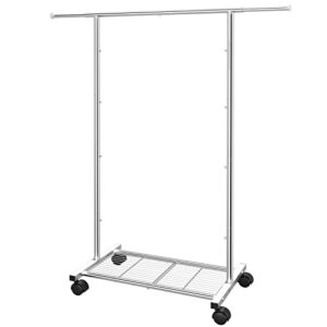 simple trending clothing garment rack with wheels and bottom shelves, extendable, chrome