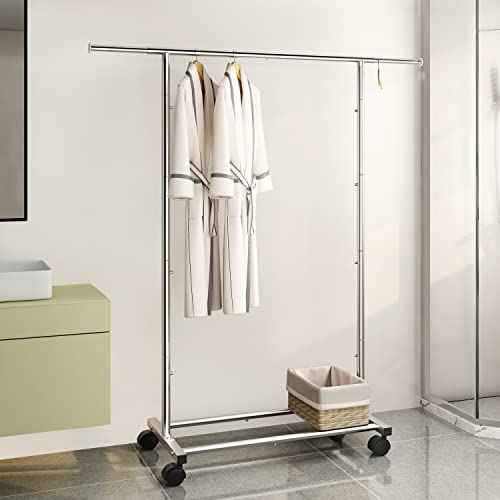 Simple Trending Clothing Garment Rack with Wheels and Bottom Shelves, Extendable, Chrome