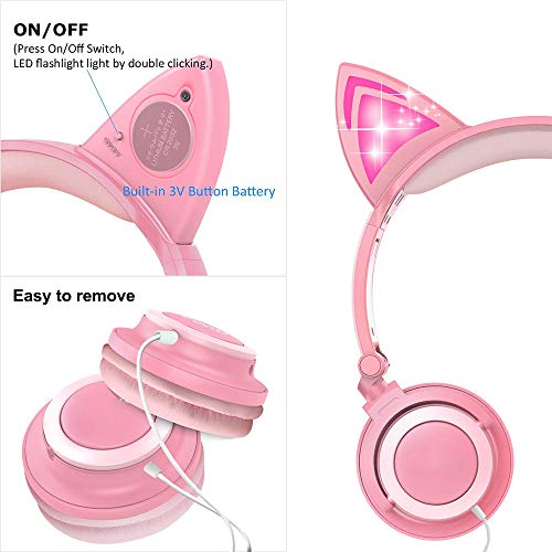 Sunvito cat Ear Headphones, On-Ear Kids Headphones Wired LED Lights 3.5mm Jack, 85dB Volume Control Kid Earphones for School, Foldable Headphones for Kids Headphones (Pink)