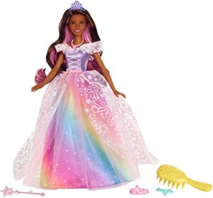 barbie dreamtopia royal ball princess doll, brunette wearing glittery rainbow ball gown, with brush and 5 accessories, gift for 3 to 7 year olds