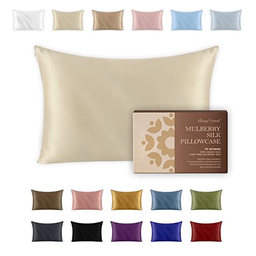 BEAUTY OF ORIENT - 25 Momme, 100% Pure Mulberry Silk Pillowcase for Hair and Skin, Natural Hypoallergenic Silk Pillow Case, Best for Beauty Body and Sleep (Standard - 20" x 26", Vanilla Ice)