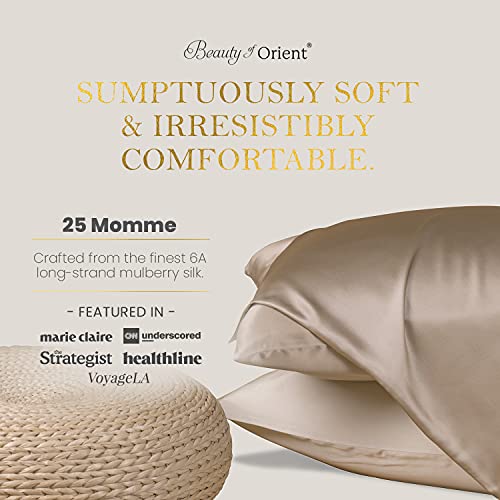 BEAUTY OF ORIENT - 25 Momme, 100% Pure Mulberry Silk Pillowcase for Hair and Skin, Natural Hypoallergenic Silk Pillow Case, Best for Beauty Body and Sleep (Standard - 20" x 26", Vanilla Ice)