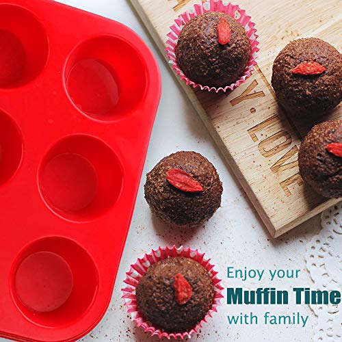 Silicone Muffin Pan, European LFGB Silicone Cupcake Baking Pan, 6 Cup Muffin, Non-Stick Muffin Tray, Egg Muffin Pan, Food Grade Muffin Molds, BPA Free Muffin Tins Red