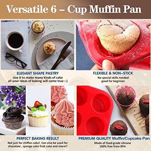 Silicone Muffin Pan, European LFGB Silicone Cupcake Baking Pan, 6 Cup Muffin, Non-Stick Muffin Tray, Egg Muffin Pan, Food Grade Muffin Molds, BPA Free Muffin Tins Red