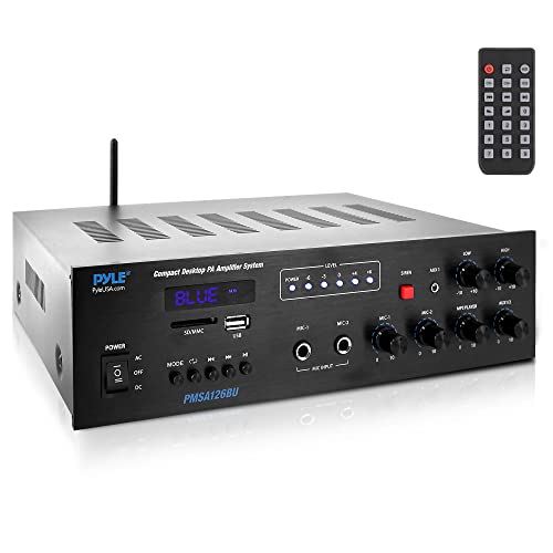 Pyle Wireless Bluetooth Public Address Amplifier - 500W Compact Mini Digital Home Power Audio Sound PA Receiver System w/ 70V 100V Output, Mic Input, Radio, USB, Remote For 4-16ohm Speaker -PMSA126BU