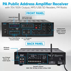 Pyle Wireless Bluetooth Public Address Amplifier - 500W Compact Mini Digital Home Power Audio Sound PA Receiver System w/ 70V 100V Output, Mic Input, Radio, USB, Remote For 4-16ohm Speaker -PMSA126BU