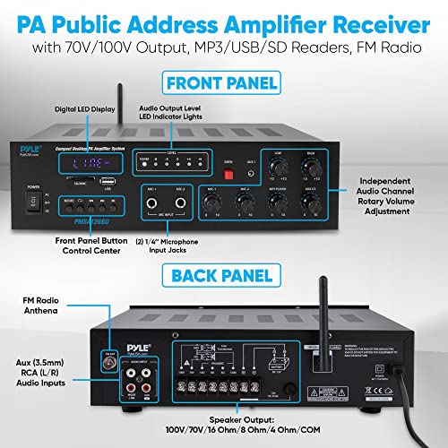 Pyle Wireless Bluetooth Public Address Amplifier - 500W Compact Mini Digital Home Power Audio Sound PA Receiver System w/ 70V 100V Output, Mic Input, Radio, USB, Remote For 4-16ohm Speaker -PMSA126BU