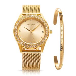 manchda womens wrist watch crystal case mesh stainless steel band bling ladies watches analog quartz diamond classic fashion romantic+ jewelry cuff bracelet set slim thin casual glitter dress watches