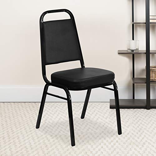 EMMA + OLIVER Trapezoid Back Banquet Chair, Black Vinyl/Black Frame 2.5" Seat