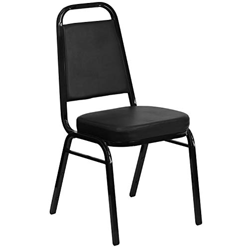 EMMA + OLIVER Trapezoid Back Banquet Chair, Black Vinyl/Black Frame 2.5" Seat