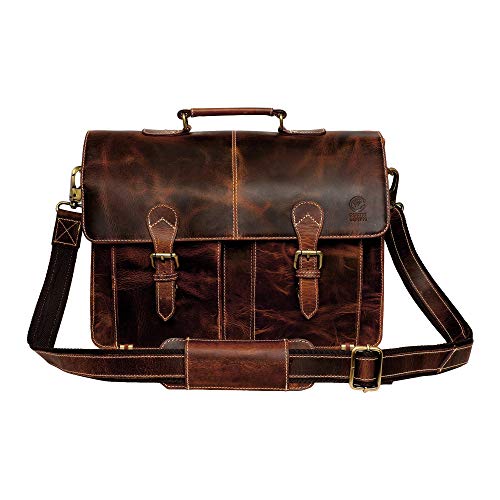 RUSTIC TOWN Handmade 16 inch Brown Leather Shoulder Briefcase Messenger Bag Men's 15.6-inch Laptop Satchel