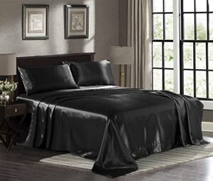 satin sheets full [4-piece, black] hotel luxury silky bed sheets - extra soft 1800 microfiber sheet set, wrinkle, fade, stain resistant - deep pocket fitted sheet, flat sheet, pillow cases