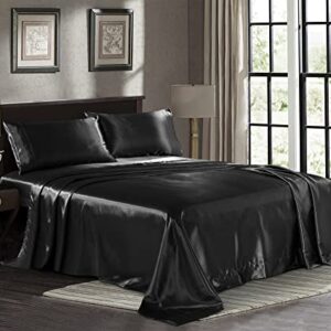 Satin Sheets Full [4-Piece, Black] Hotel Luxury Silky Bed Sheets - Extra Soft 1800 Microfiber Sheet Set, Wrinkle, Fade, Stain Resistant - Deep Pocket Fitted Sheet, Flat Sheet, Pillow Cases