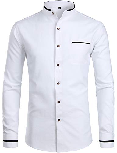 ZEROYAA Mens Hipster Mandarin Collar Slim Fit Long Sleeve Casual Button Down Oxford Dress Shirt with Pocket Z113 White Small