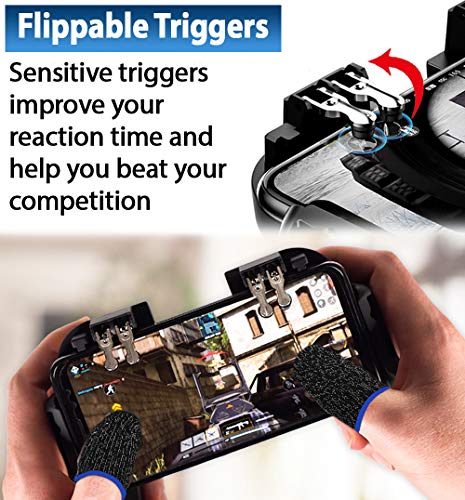 4 Trigger USB Mobile Game Controller with Cooling Fan Adjustable Stand for PUBG/Call of Duty/Fotnite [6 Finger Mode] GAMR+ L1R1 L2R2 Gaming Grip Gamepad