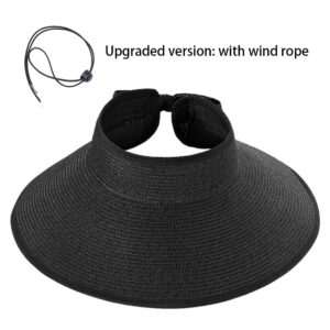 Women Sun Visors Foldable Straw Hats Summer Beach Packable Hat Floppy Wide Brim Cap Big Heads Sombrero (Black)