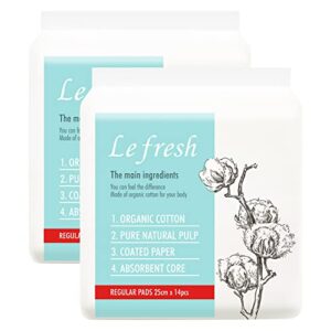 lefresh organic cotton cover pads with wings| regular, 28 count | regular absorbency - unscented - vegan - chlorine free - ultra thin pads for women