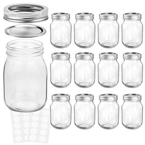 KAMOTA Mason Jars 12 oz With Regular Lids and Bands, Ideal for Jam, Honey, Wedding Favors, Shower Favors, DIY Spice Jars, 12 PACK, 20 Whiteboard Labels Included