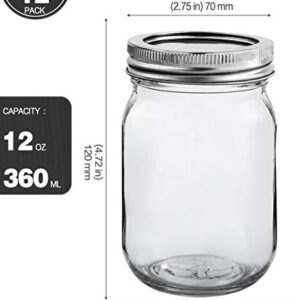 KAMOTA Mason Jars 12 oz With Regular Lids and Bands, Ideal for Jam, Honey, Wedding Favors, Shower Favors, DIY Spice Jars, 12 PACK, 20 Whiteboard Labels Included