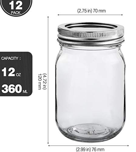 KAMOTA Mason Jars 12 oz With Regular Lids and Bands, Ideal for Jam, Honey, Wedding Favors, Shower Favors, DIY Spice Jars, 12 PACK, 20 Whiteboard Labels Included