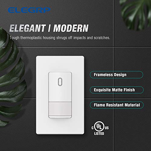 ELEGRP Occupancy Motion Sensor Light Switch, PIR Infrared Motion Activated Wall Switch, No Neutral Wire Required, Single Pole for CFL/LED/Incandescent, w/Wall Plate, UL Listed (2 Pack, Matte White)