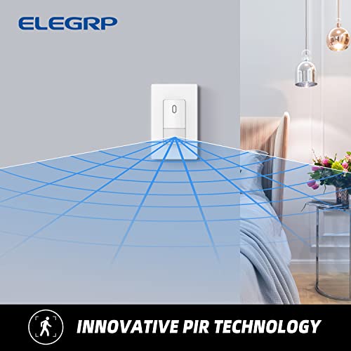 ELEGRP Occupancy Motion Sensor Light Switch, PIR Infrared Motion Activated Wall Switch, No Neutral Wire Required, Single Pole for CFL/LED/Incandescent, w/Wall Plate, UL Listed (2 Pack, Matte White)