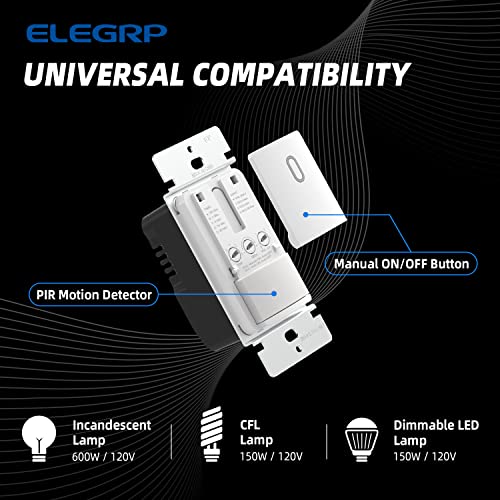 ELEGRP Occupancy Motion Sensor Light Switch, PIR Infrared Motion Activated Wall Switch, No Neutral Wire Required, Single Pole for CFL/LED/Incandescent, w/Wall Plate, UL Listed (2 Pack, Matte White)