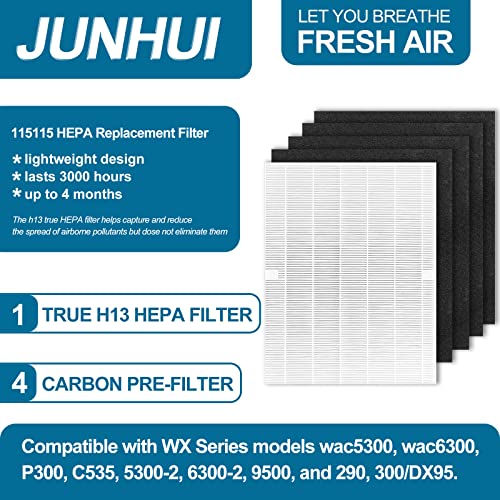 JUNHUI 115115 True HEPA H13 Replacement Filters A Size 21 Compatible with Winix plasmawave wac5300, wac6300, P300, C535, 5300-2, 6300-2, 9500, and 290, 300/DX95, c535,1 HEPA+4 Carbon Prefilters