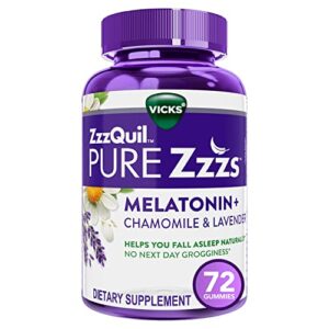 zzzquil pure zzzs melatonin sleep aid gummies, helps you fall asleep naturally, wildberry vanilla flavor, chamomile lavender & valerian root, 1mg per gummy, 72 count