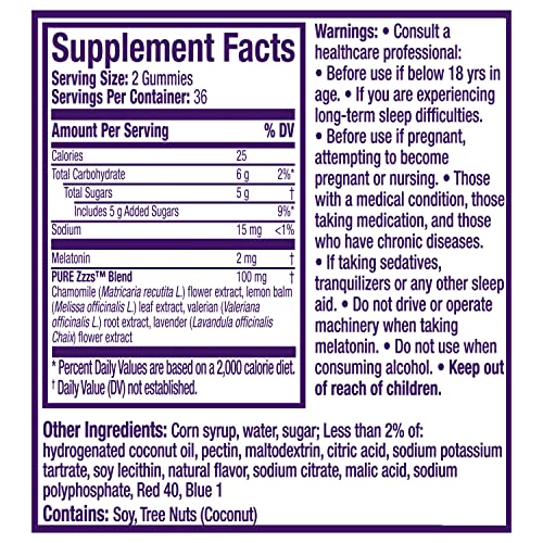 ZzzQuil PURE Zzzs Melatonin Sleep Aid Gummies, Helps You Fall Asleep Naturally, Wildberry Vanilla Flavor, Chamomile Lavender & Valerian Root, 1mg per gummy, 72 Count